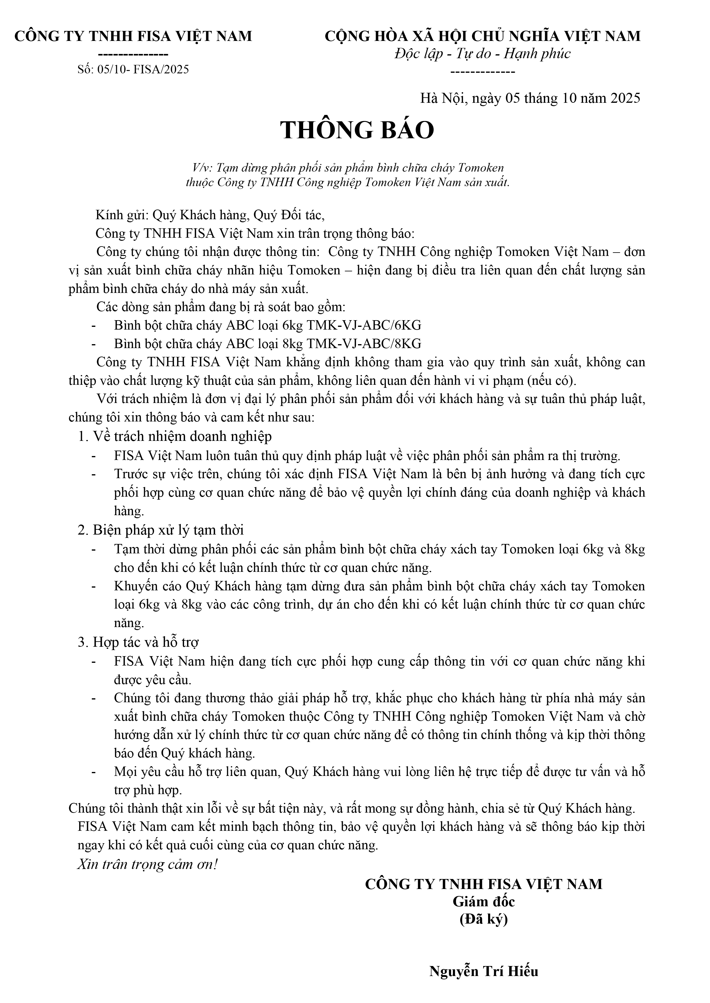 THÔNG BÁO: V/v: Tạm dừng phân phối sản phẩm bình chữa cháy Tomoken ...